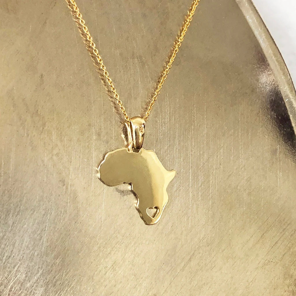 Solid Yellow Gold Africa Map Pendant with Stencil Heart Detail & Chain ...